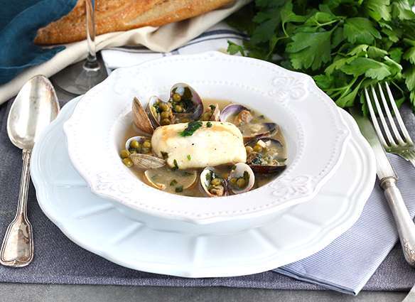 Gestoofde heek met mosselen en erwten recept